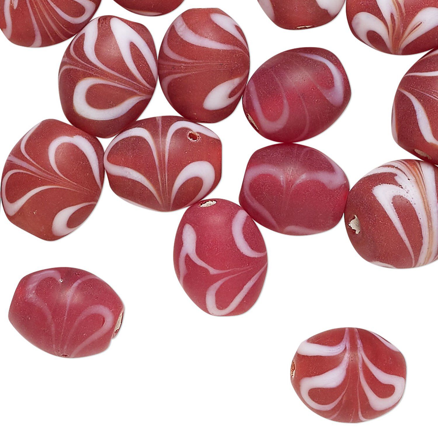 Bead, lampworked glass, translucent matte red and white, 10x9mm-14x11mm ...