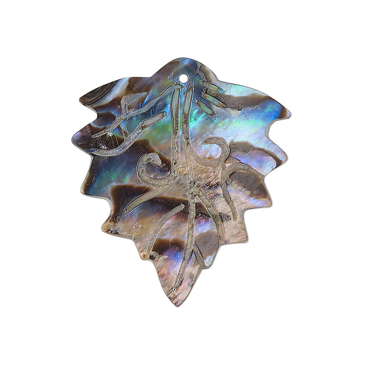 Focal, paua shell (assembled), black, 28x26mm hand-carved leaf, Mohs ...