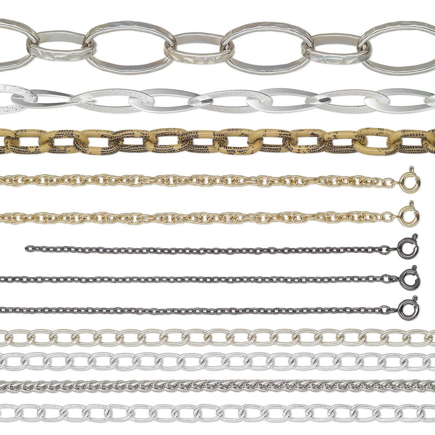 Chain assortment, gold- / silver- / gunmetal-finished brass / steel ...