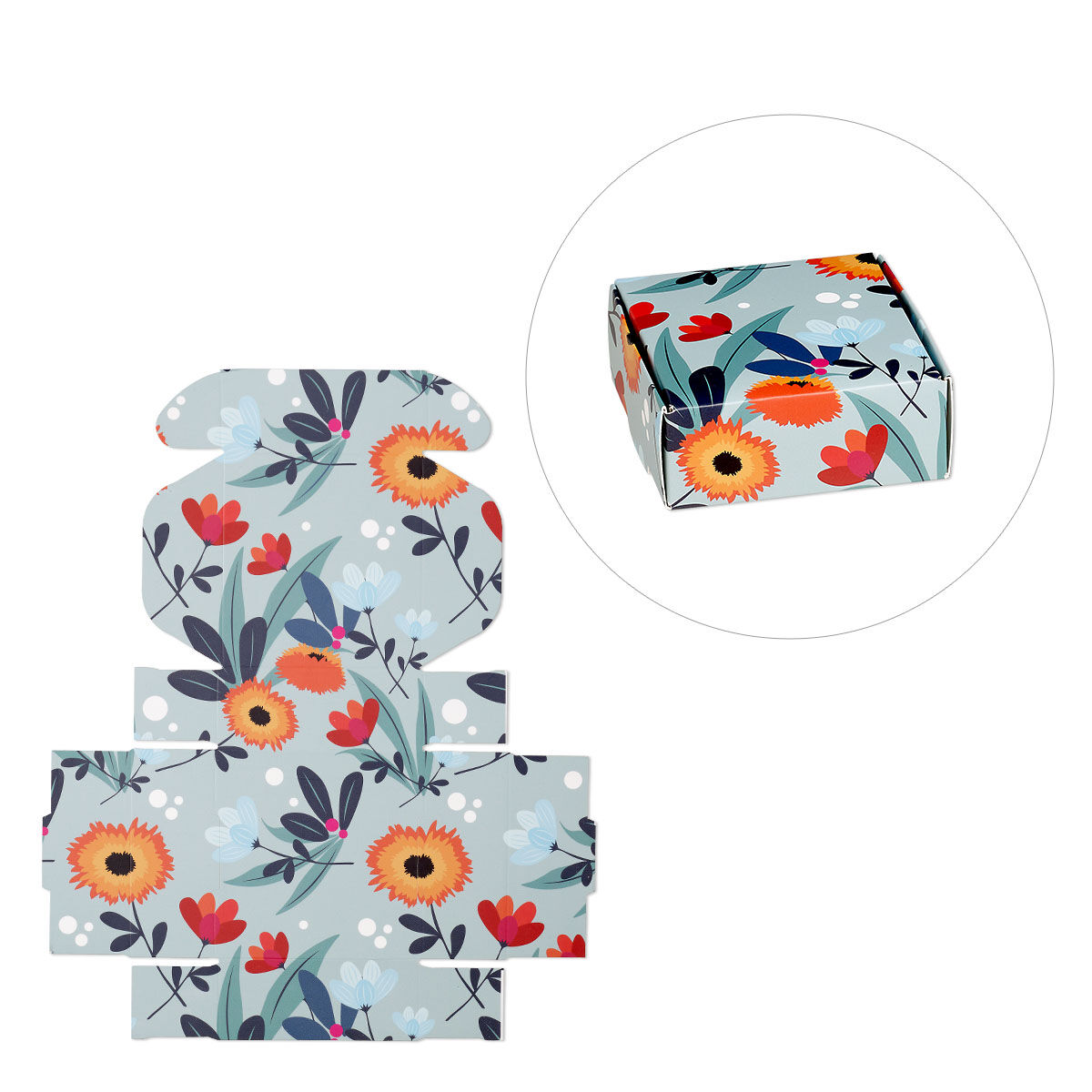 Box, paper, multicolored, 3x3x1-inch unassembled square with flower and ...